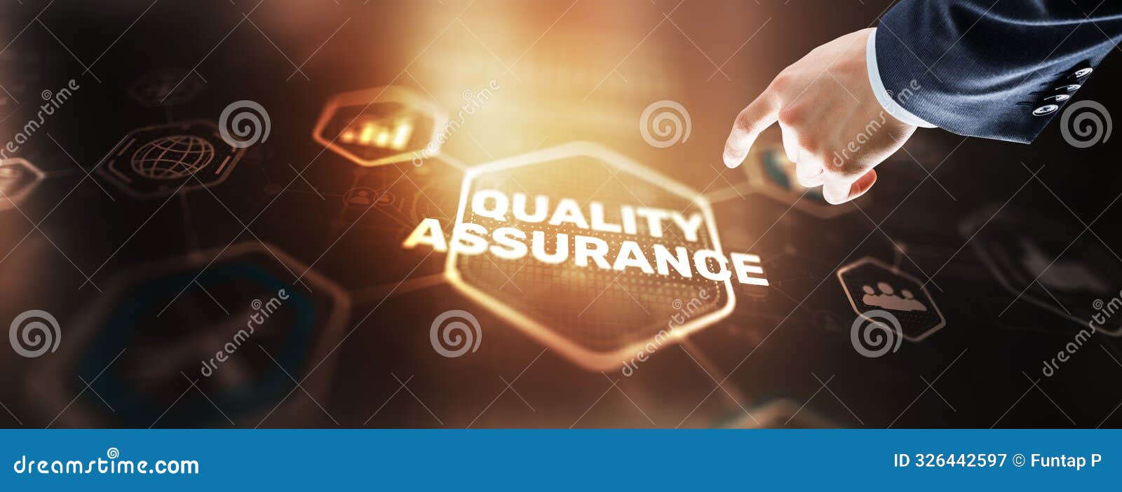 QA Businessman Pressing Quality Assurance Button on Virtual Screens ...