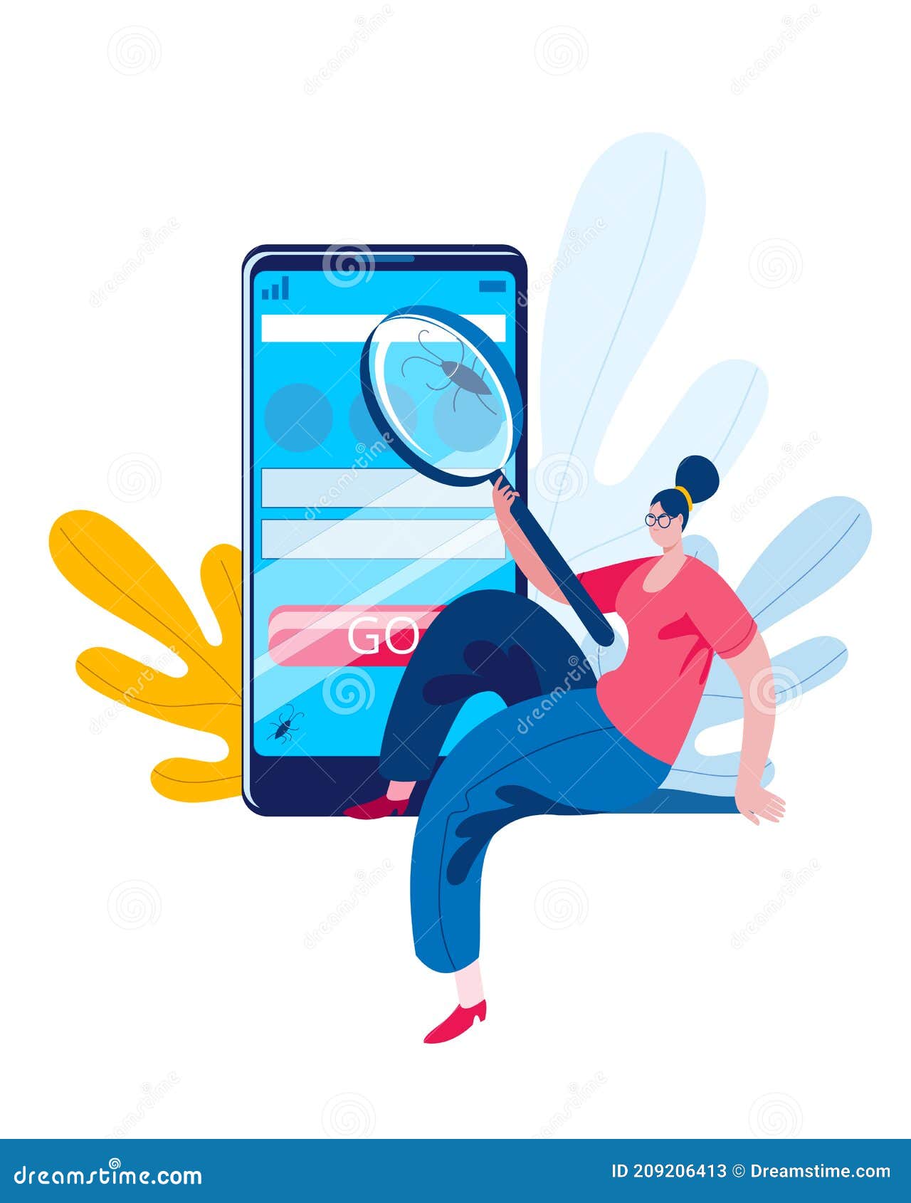 The QA Engineer Looks for Bugs in the Mobile App. Stock Vector ...