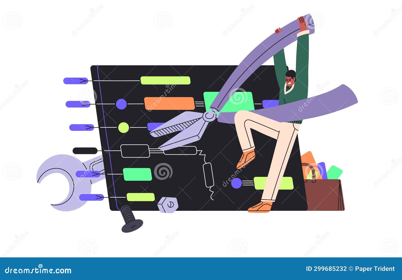 Qa Software Engineer Fix Bug Error Tester With Big Pliers Debugging Script Stock Vector