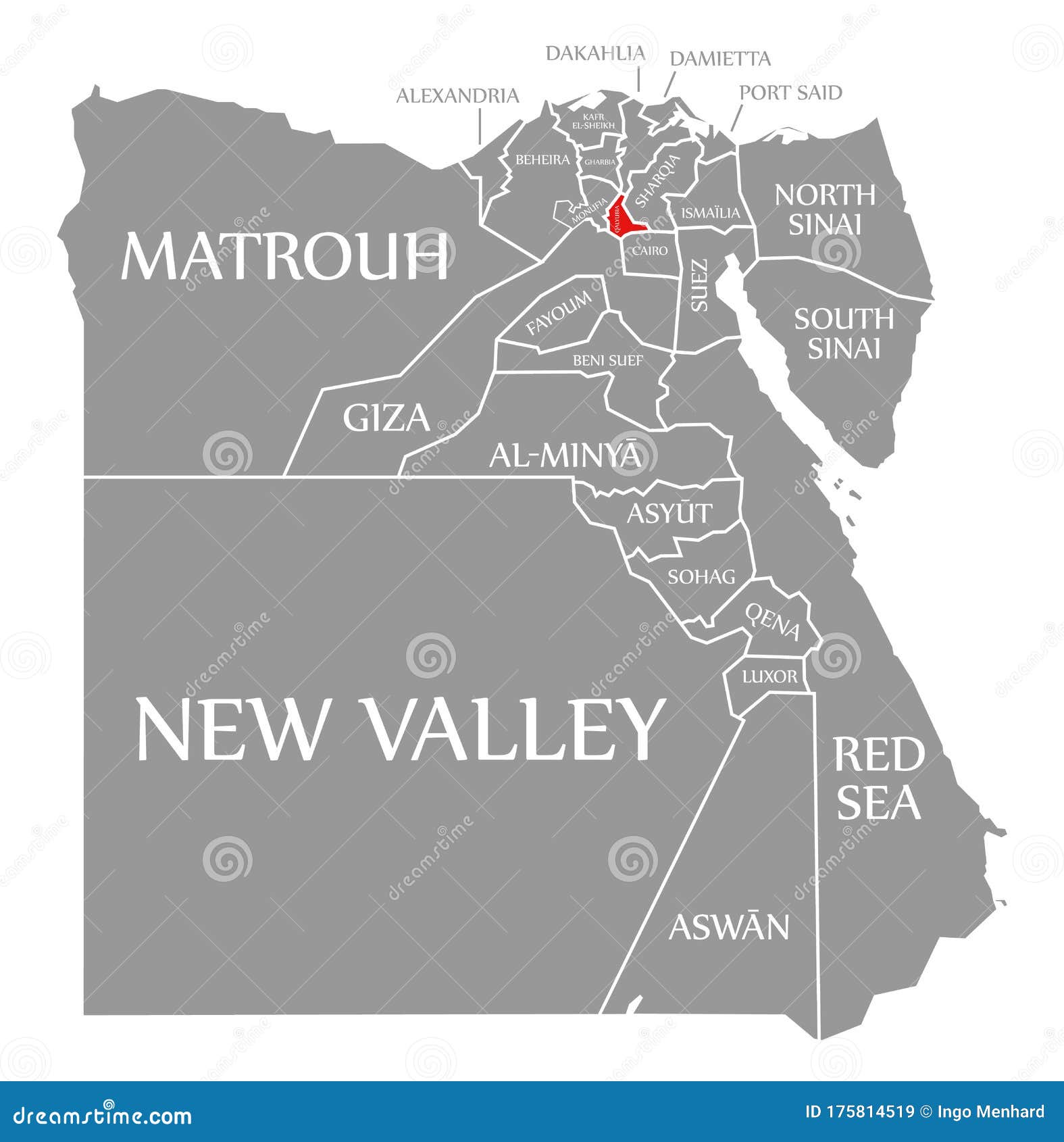 Qalyubia Red Highlighted in Map of Egypt Stock Illustration ...