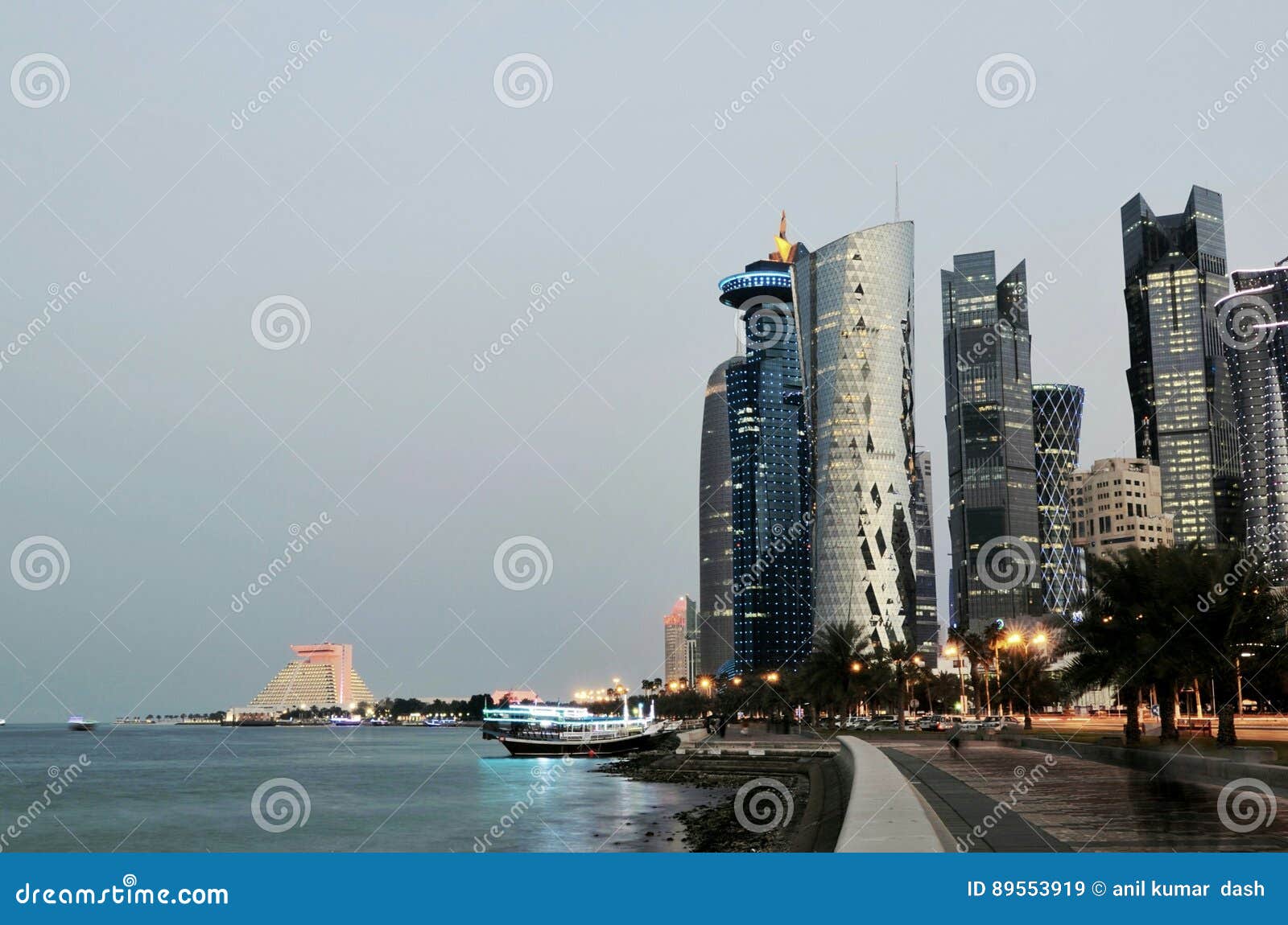 Qatar doha at sunset. stock image. Image of building - 89553919