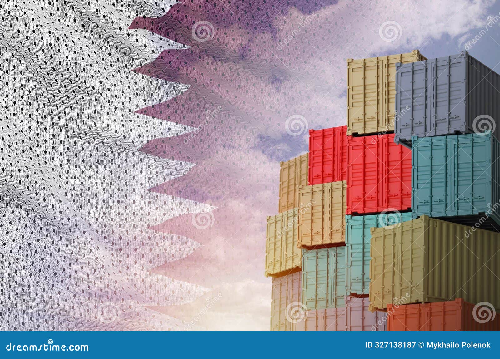 Qatar Flag and Big Stack of Shipping Cargo Containers in Docks with Sky ...