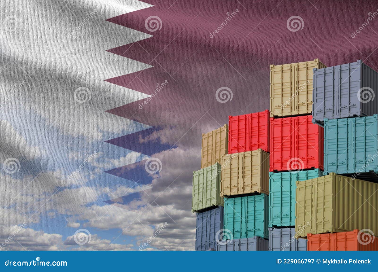 Qatar Flag and Big Stack of Shipping Cargo Containers in Docks with Sky ...