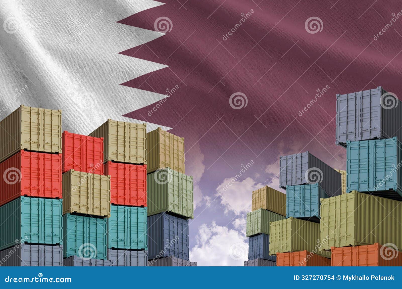Qatar Flag and Big Stack of Shipping Cargo Containers in Docks with Sky ...
