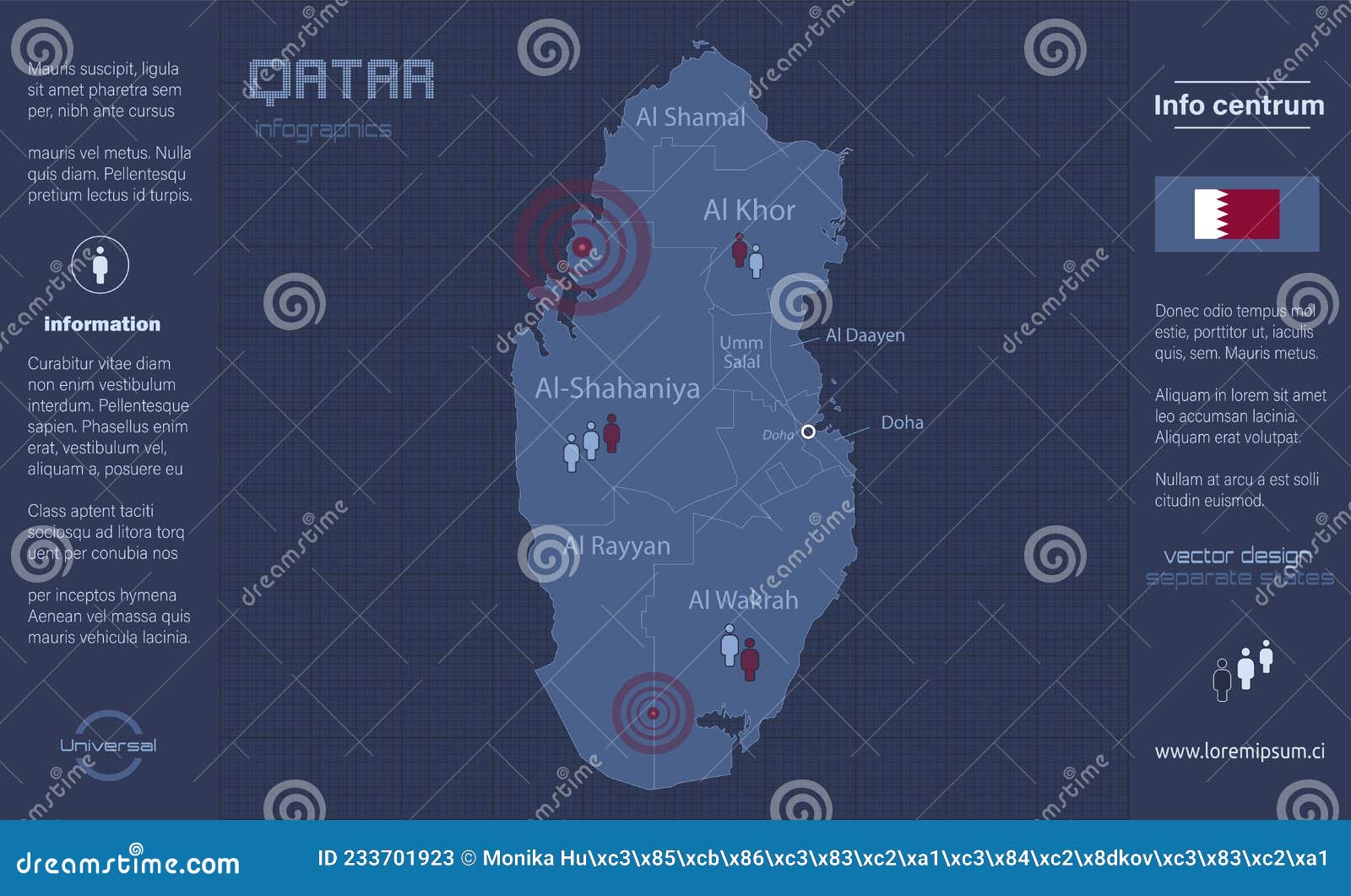 Qatar Map, Separate Regions with Names, Infographics Blue Flat Design ...