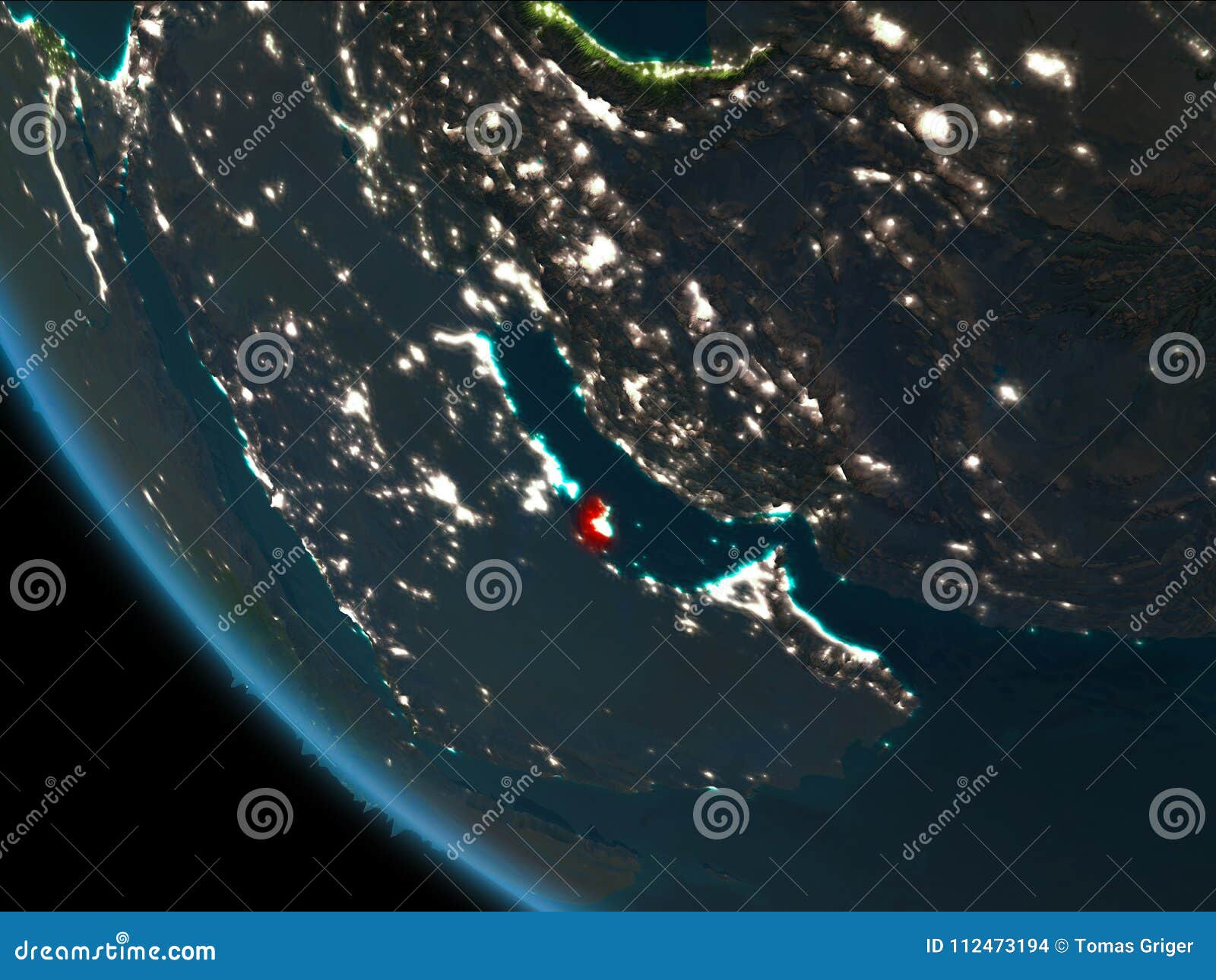 Qatar at night from orbit stock illustration. Illustration of realistic ...