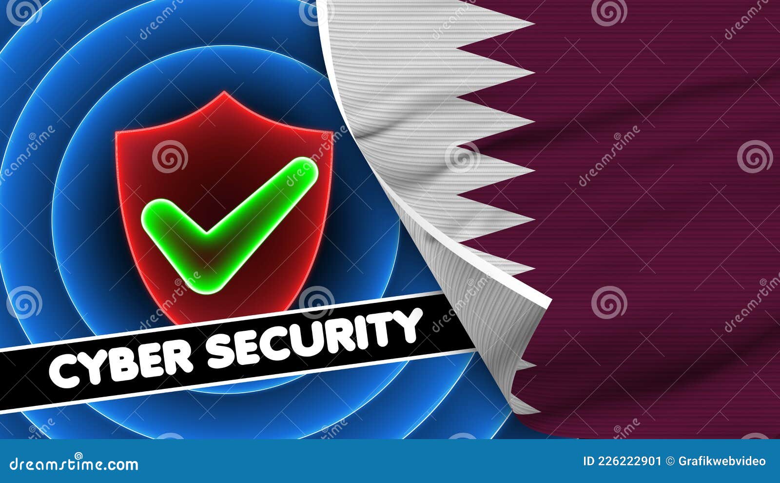 Qatar Realistic Flag with Cyber Security Title Fabric Texture 3D ...