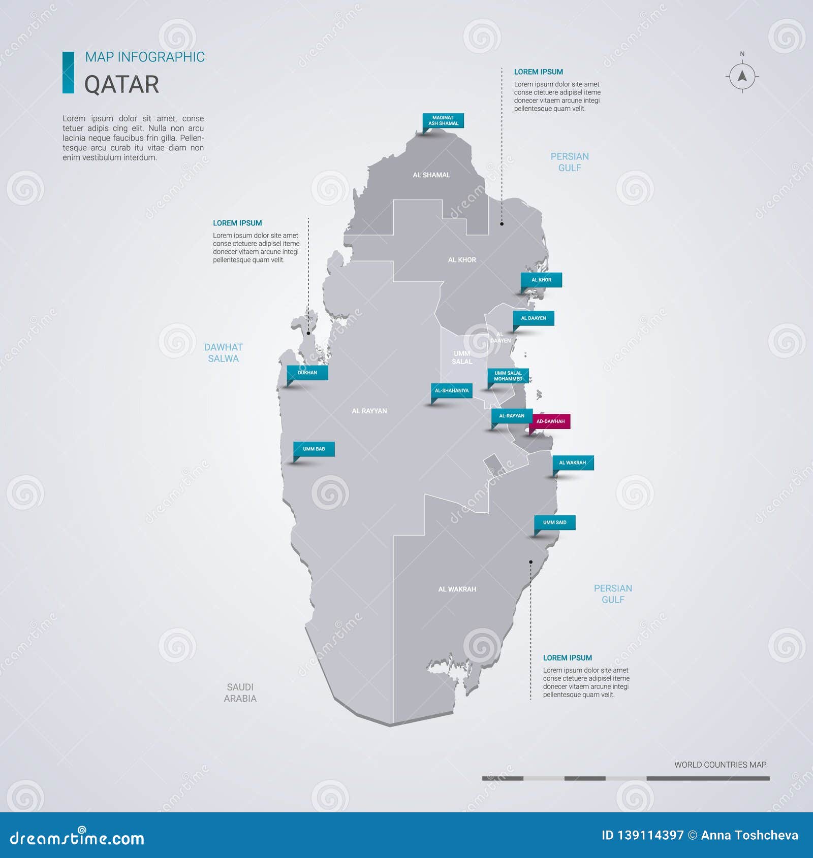 Qatar Vector Map With Infographic Elements Pointer Marks Stock Vector