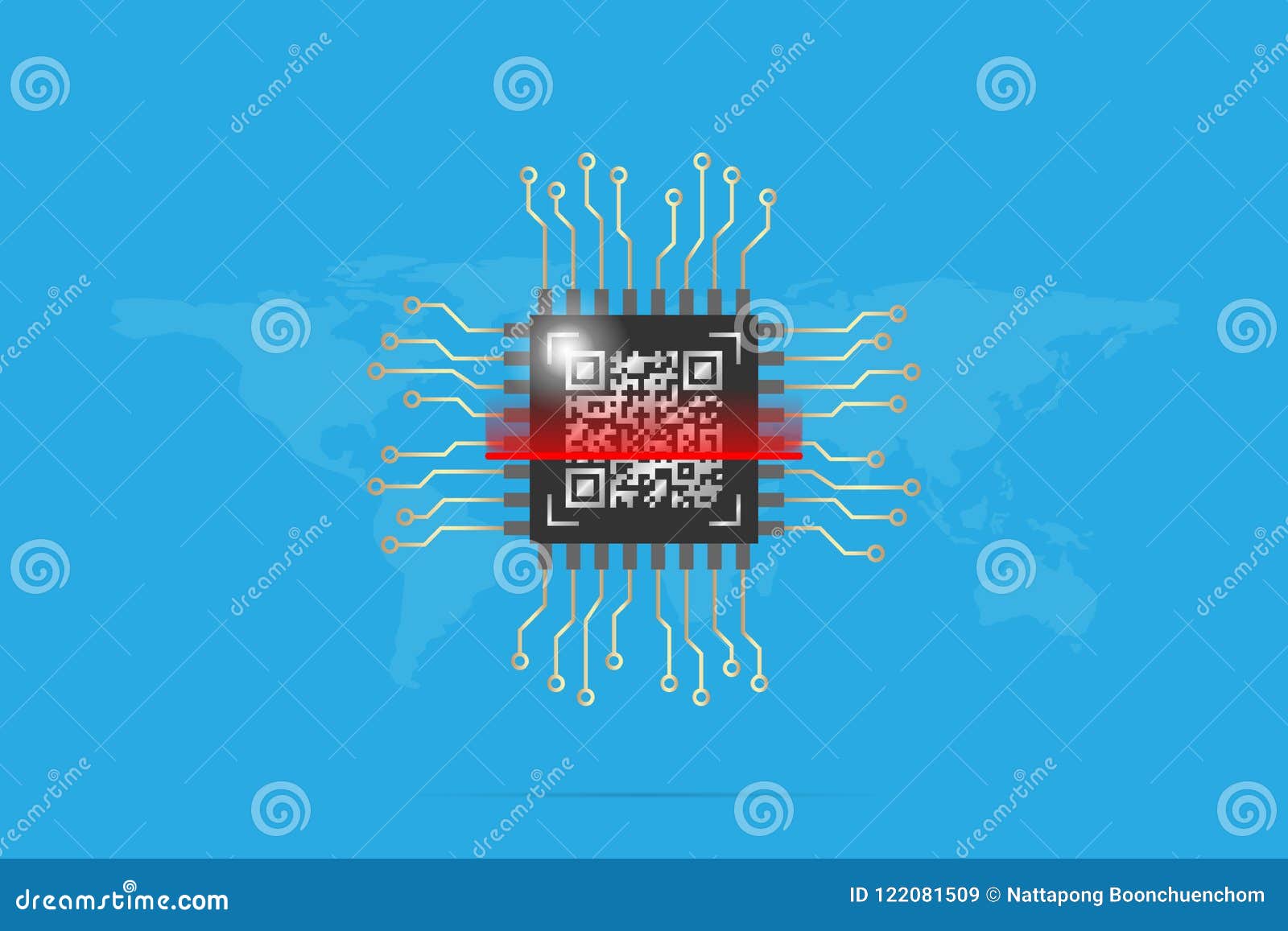 Qr Code on Chip Processor with World Map, Technology and Business ...