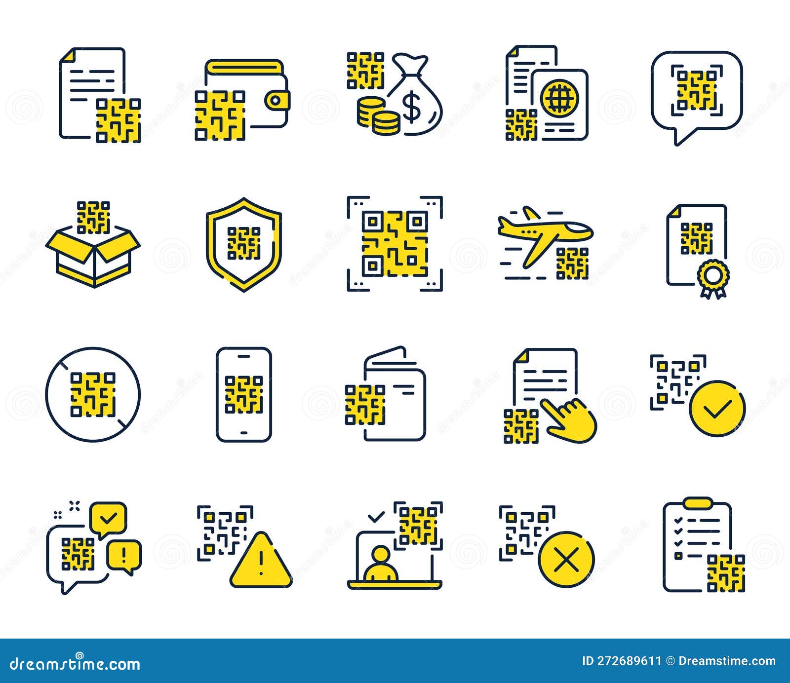 Qr Code Line Icons. Vaccination Certificate, Phone Qr Scan and Qrcode ...