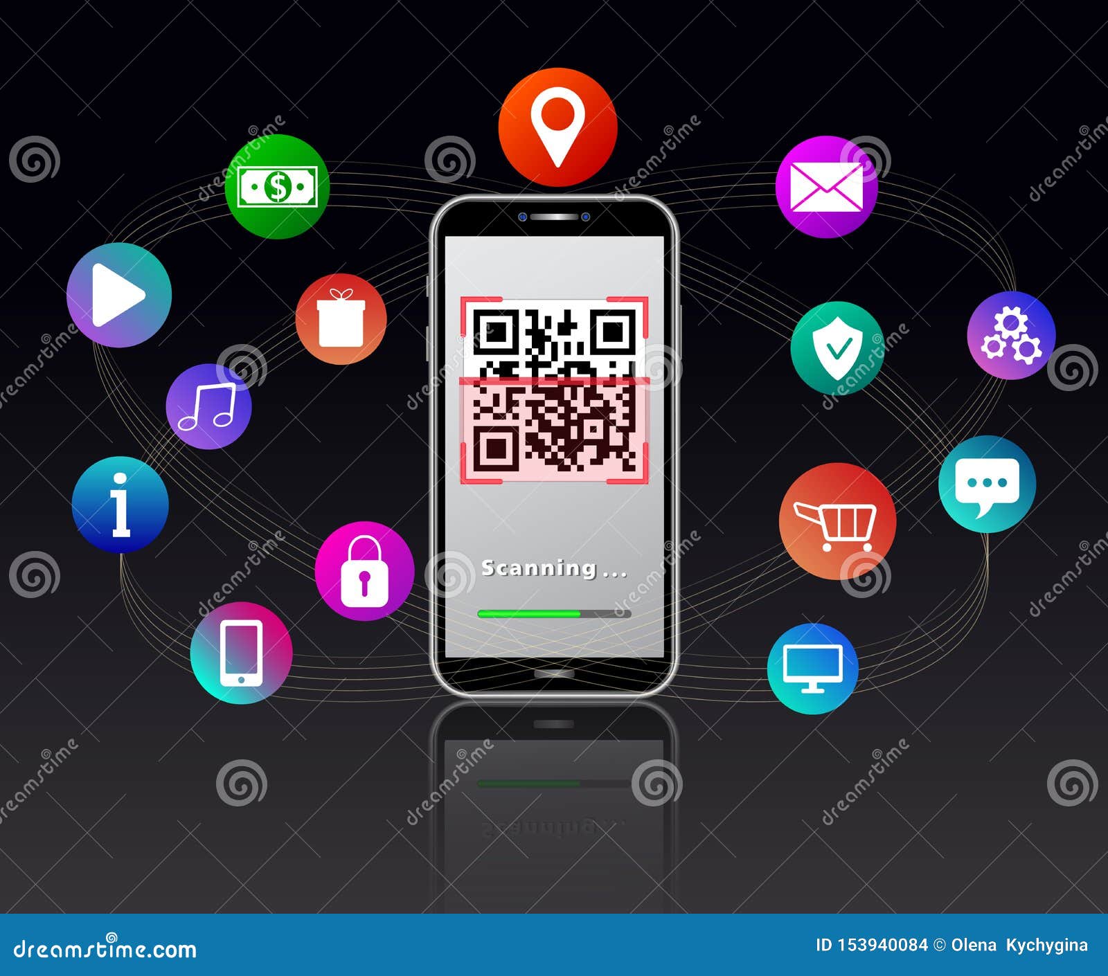 QR Code Reader on Smartphone Touch Screen Isolated on Black Glossy ...