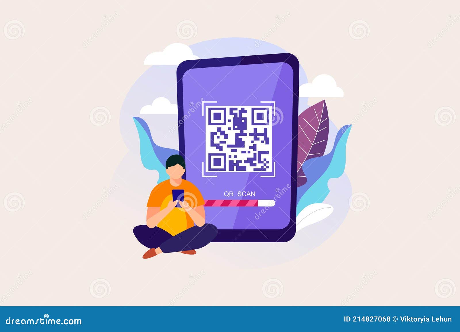 QR Code Scan with Character Design. Flat Vector Illustration. Stock ...