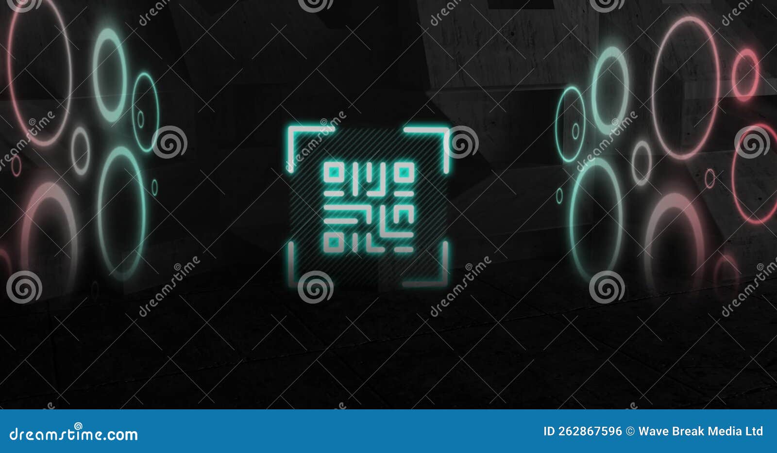 QR Code Scanner with Neon Elements Against Black Background Stock ...