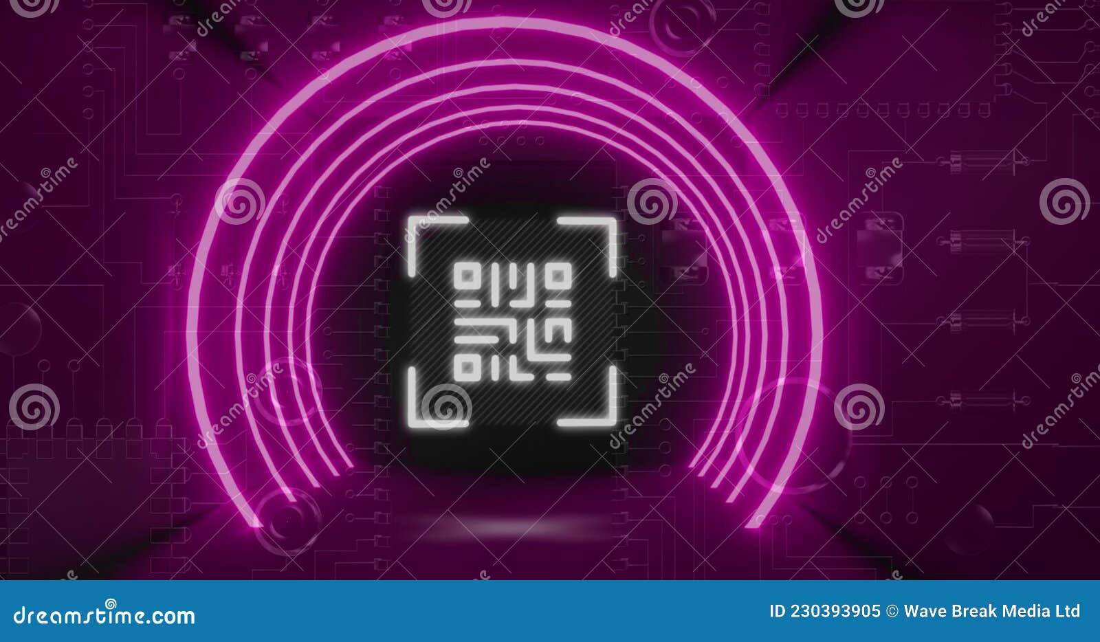 QR Code Scanner with Neon Elements Against Close Up of Computer Server ...