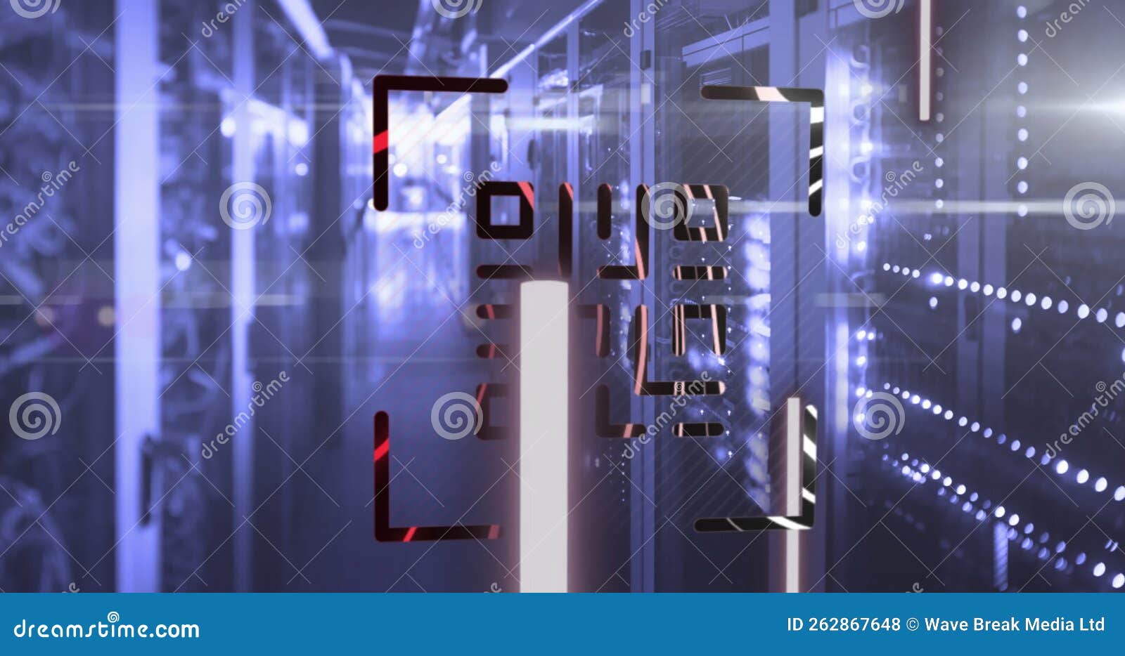 QR Code Scanner with Neon Elements Against Empty Server Room Stock ...