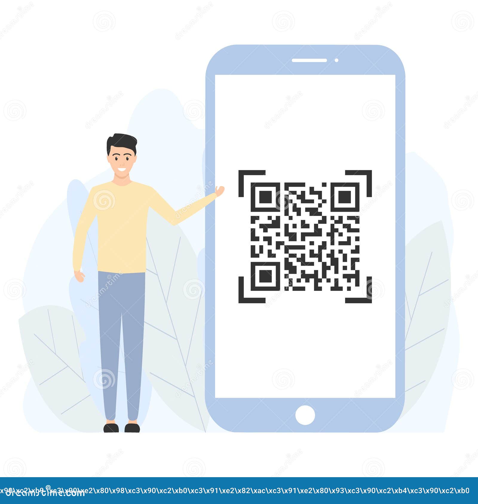 QR Code Scanning Concept. Small Man Use Smartphone and Scan Qr Code ...