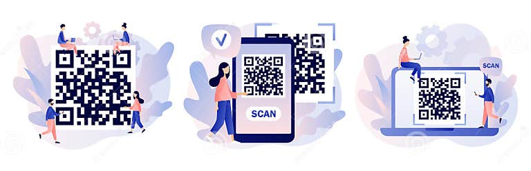QR Code Scanning Concept. Tiny People Scan Code Using Smartphone ...