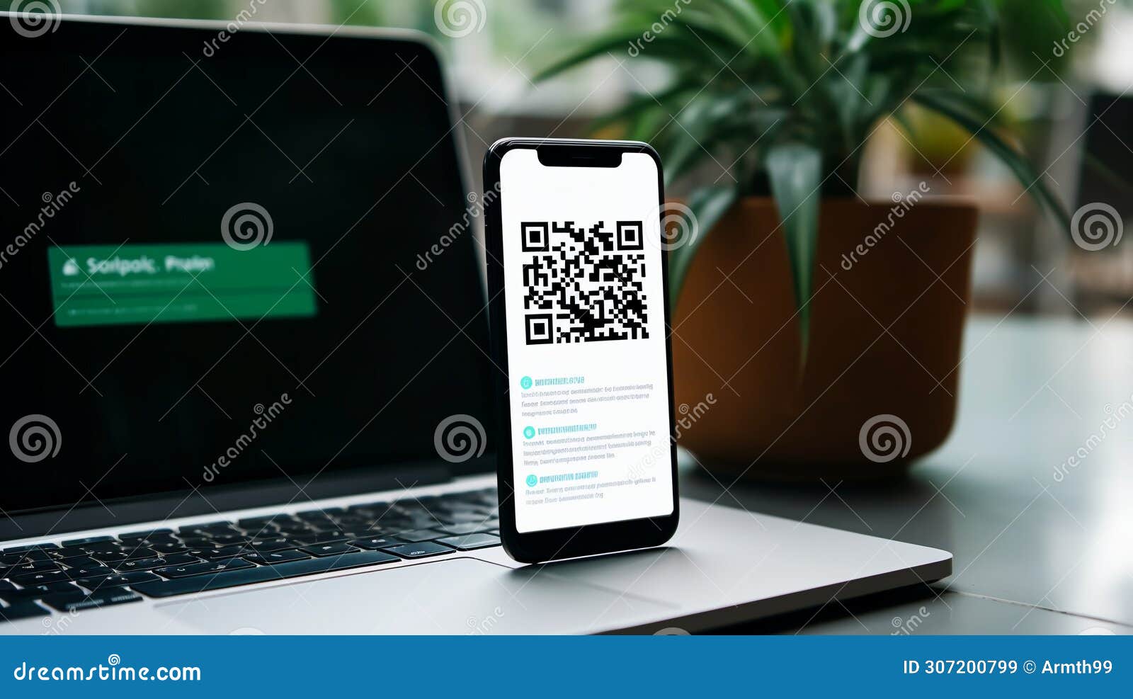 Qr Code on Smart Phone Screen with Laptop and Plant on the Table Stock ...