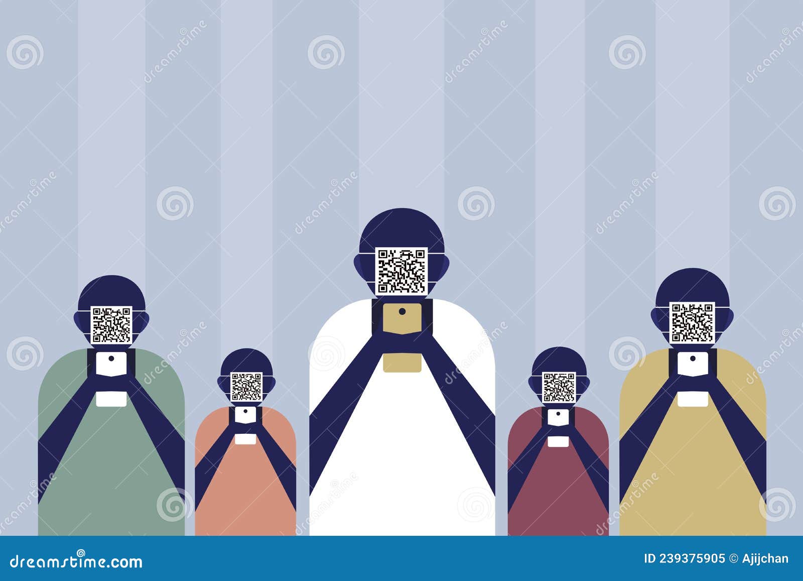 People With QR Coded Faces Looking At Mobile Phones Cartoon Vector ...