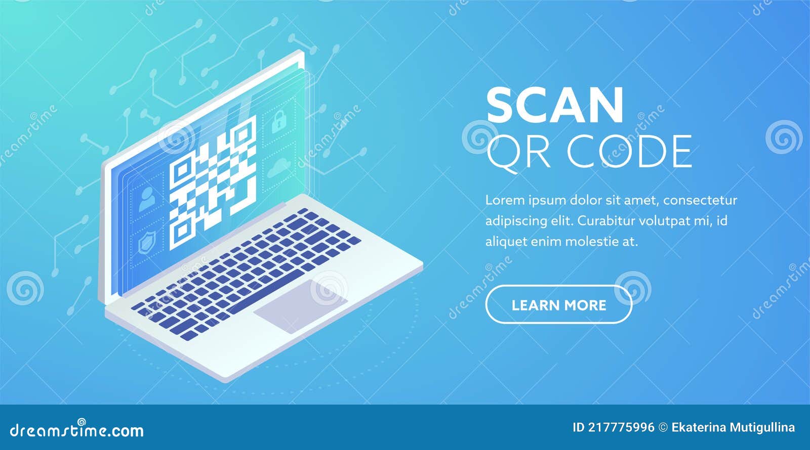 QR Link On Website Horizontal Banner. QR Code On Laptop Screen. 3d Web ...