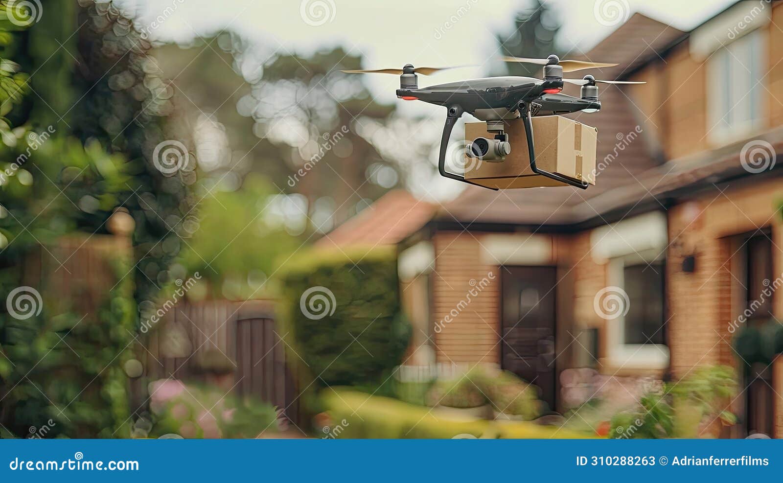 Quadcopter Drone Carrying a Parcel in a Garden. Stock Image - Image of ...