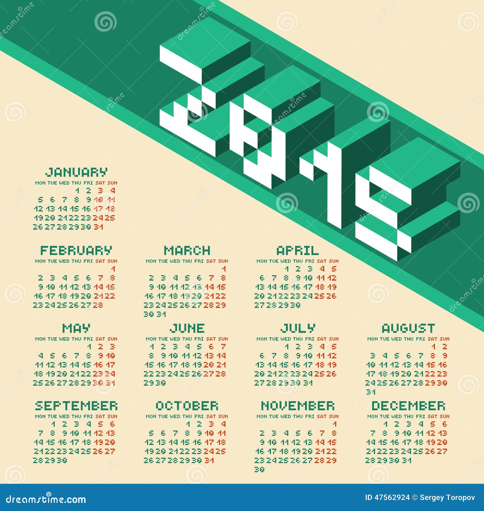 Quadratischer Kalender Des Pixel-Art-Jahr-2015 Vektor Abbildung ...