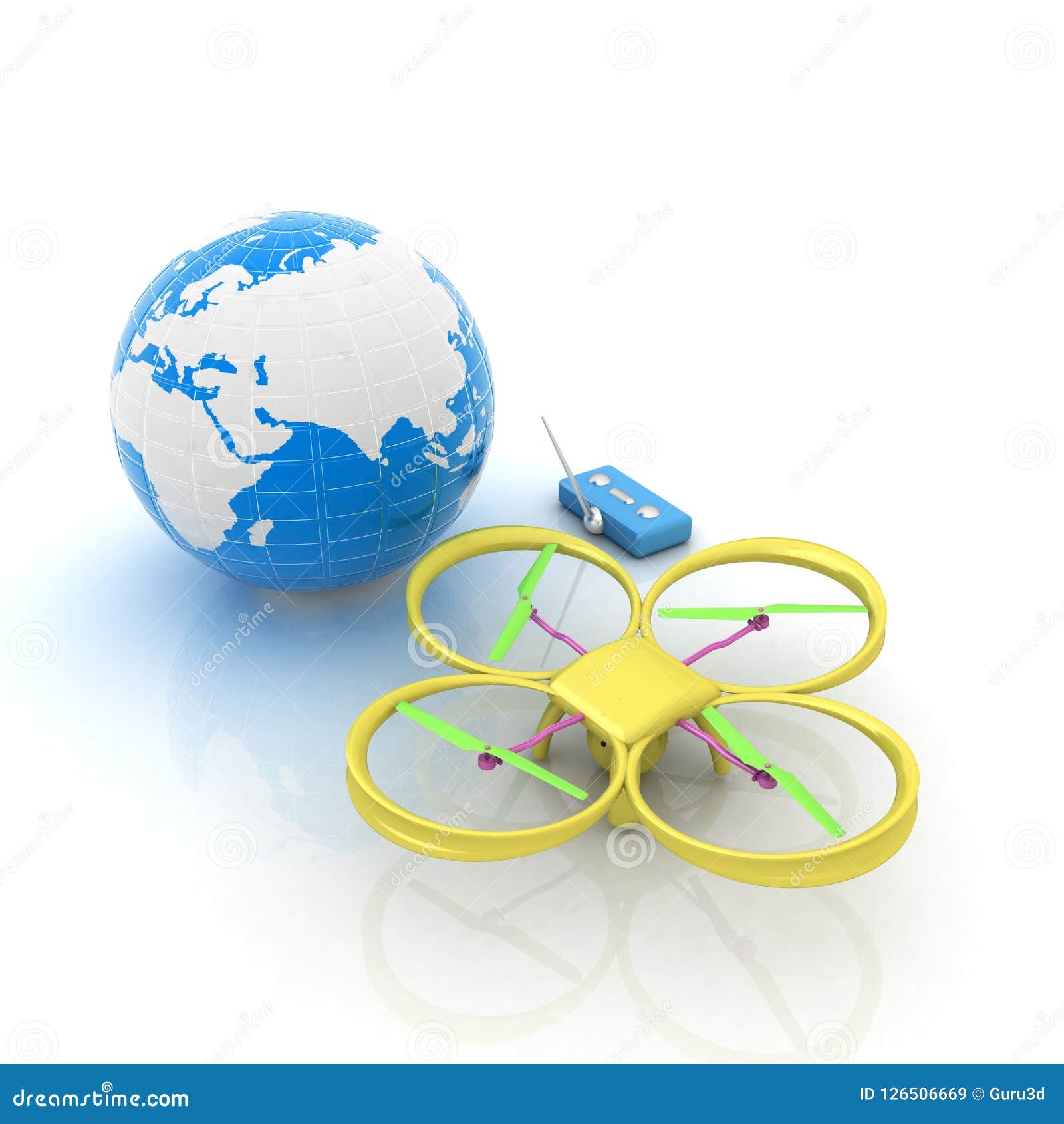 Quadrocopter Drone with Earth Globe and Remote Controller on a W Stock ...