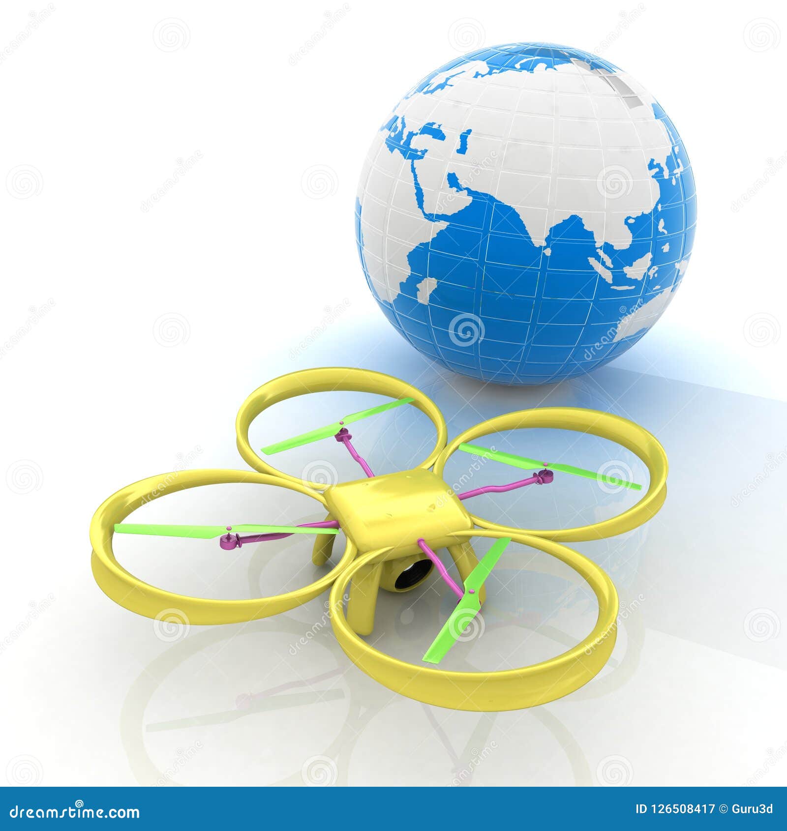 Quadrocopter Drone with Earth Globe and Remote Controller on a W Stock ...