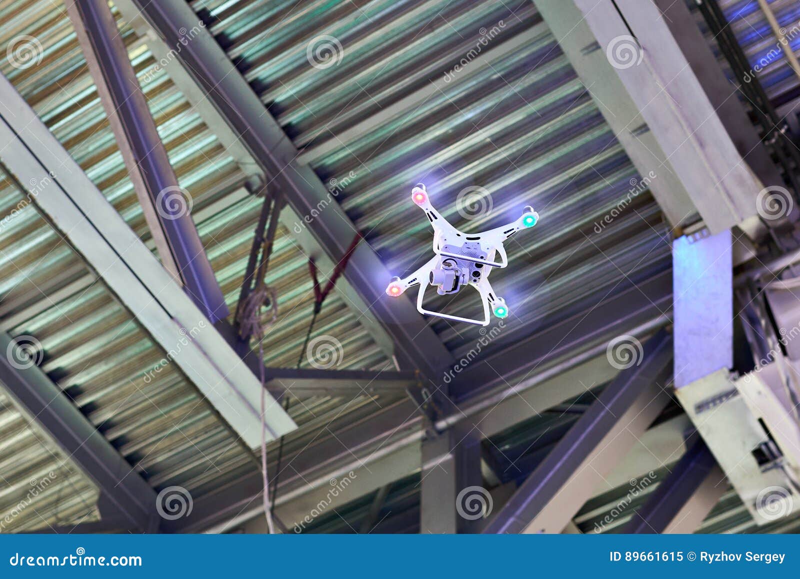 Quadrocopter Drone in Flight Inside Hangar Stock Image - Image of radio ...