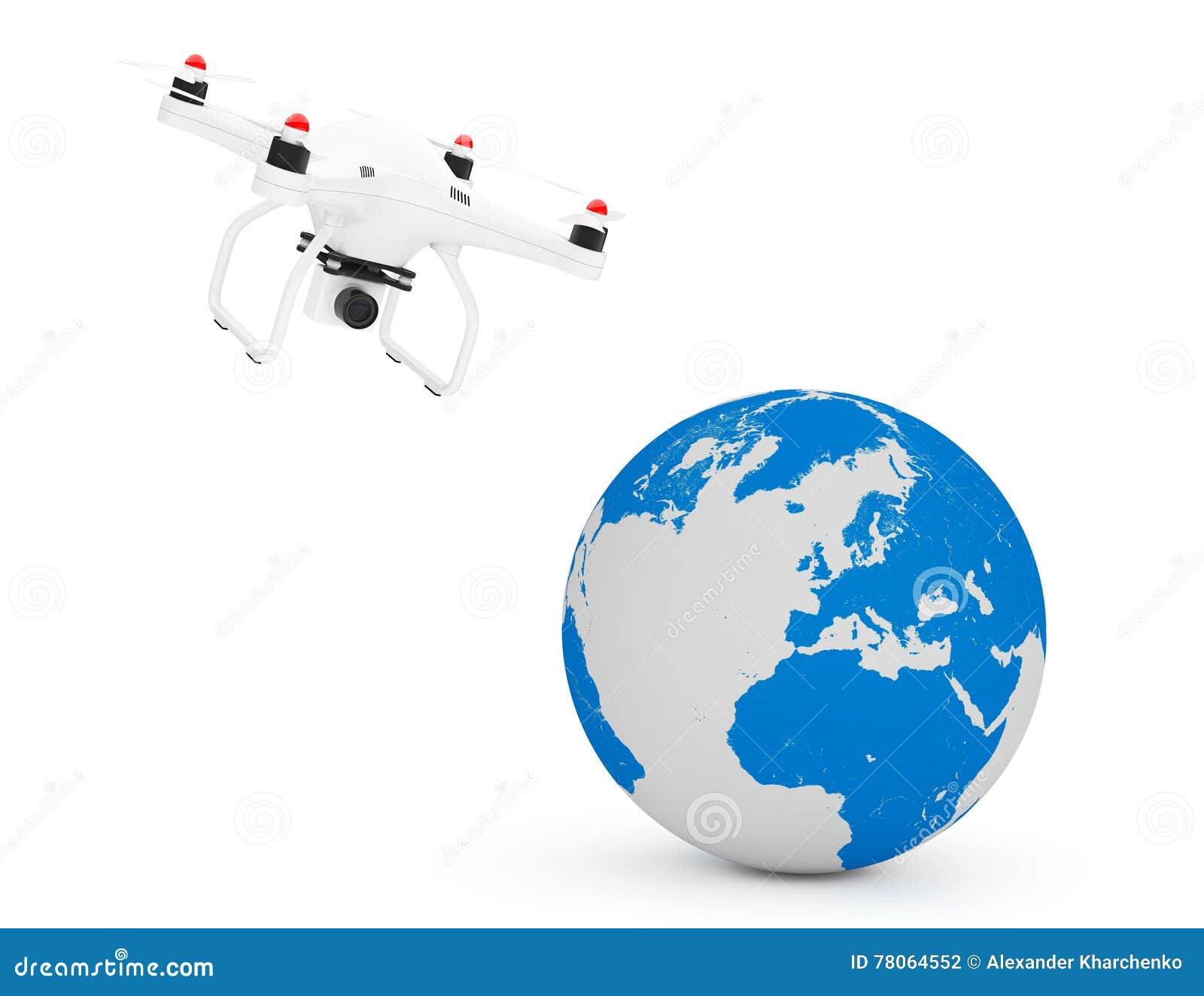 Quadrocopter Drone Flying Near Earth Globe. 3d Rendering Stock ...
