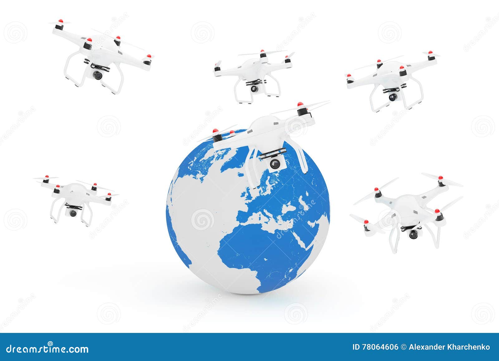 Quadrocopter Drones Flying Near Earth Globe. 3d Rendering Stock ...