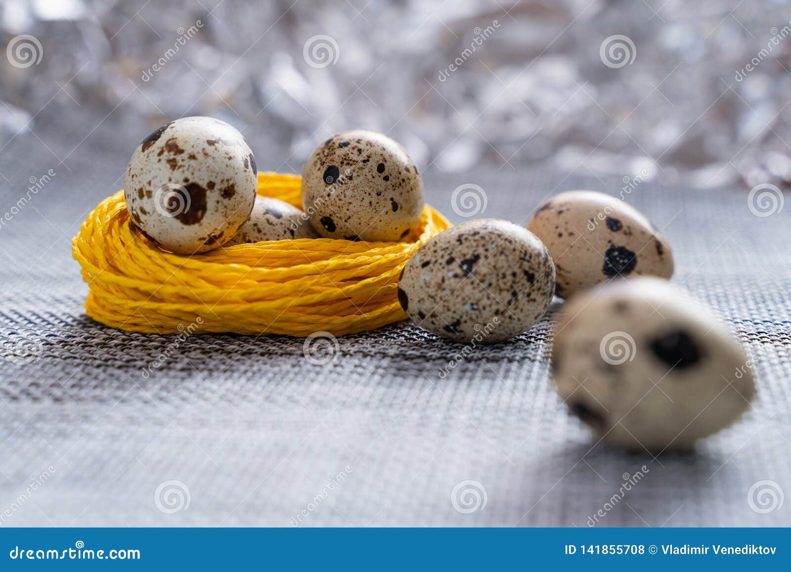 Quail Egg in a Yellow Nest on a Gray Table Cloth Stock Photo - Image of ...