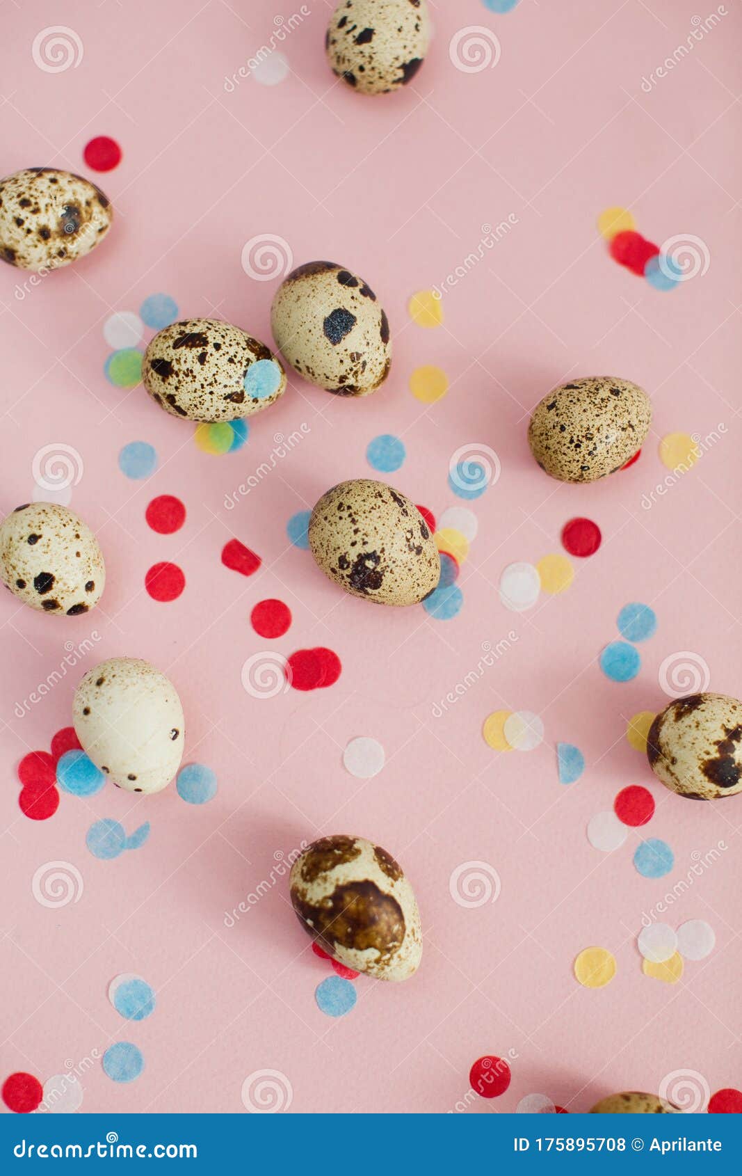 Quail Eggs on a Pink Background with Colorful Confetti Stock Photo ...