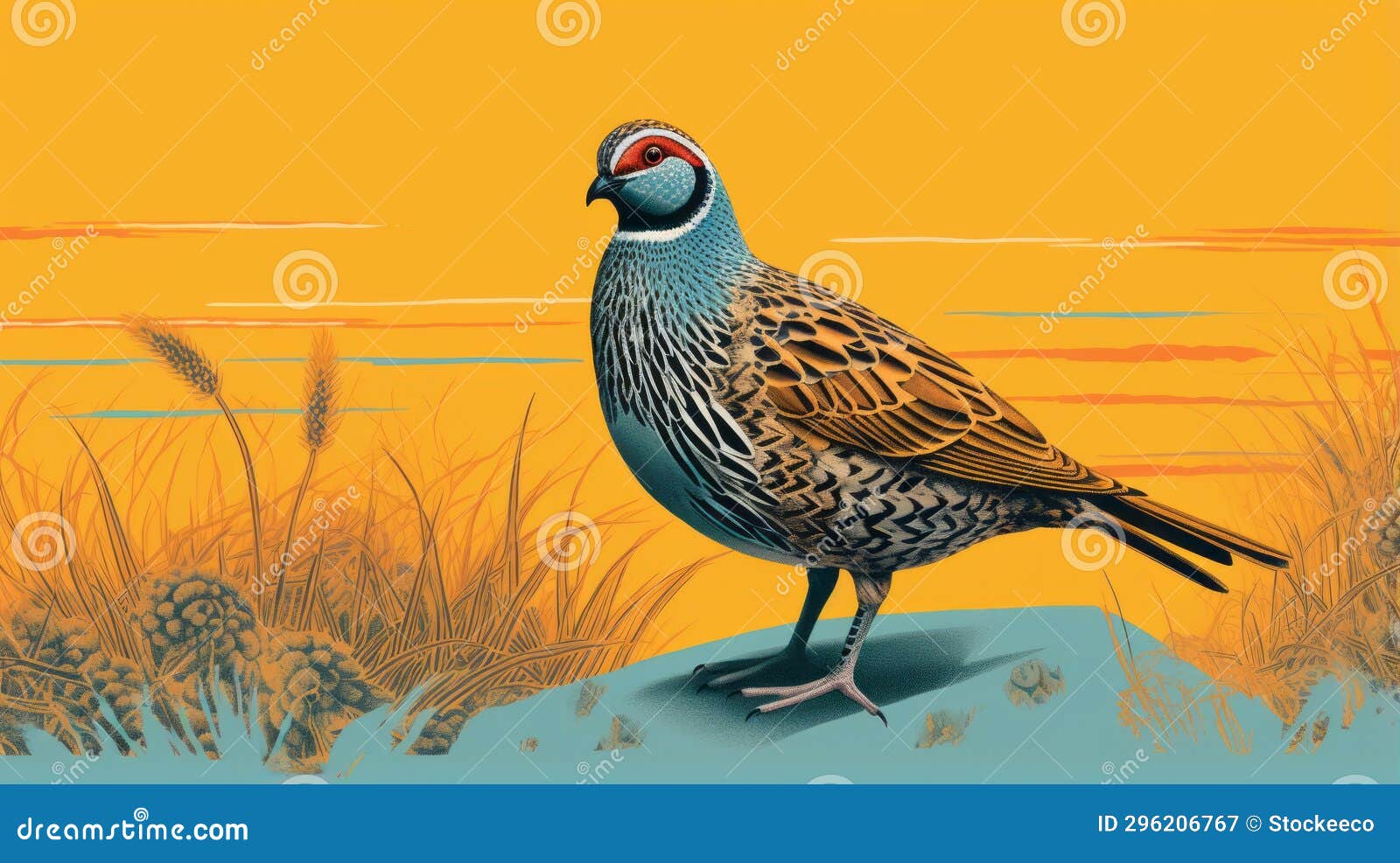 Quail Illustration with Bold Color Fields and Risograph Texture Stock ...