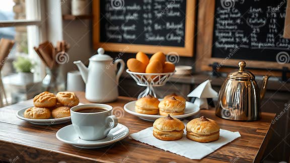 A Quaint Bakery Table with Coffee Biscuits Mini Pastries and a ...