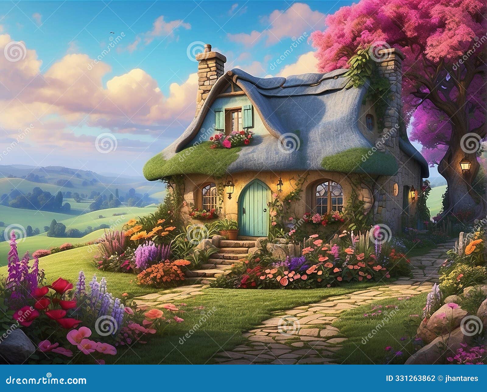 A quaint fairytale cottage stock illustration. Illustration of flowers ...