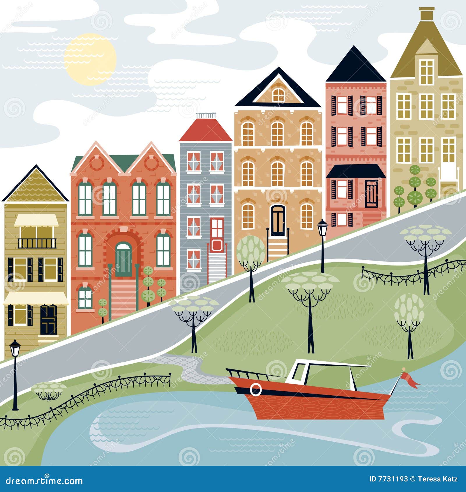 Quaint Village Street with Water Scene Stock Vector - Illustration of ...