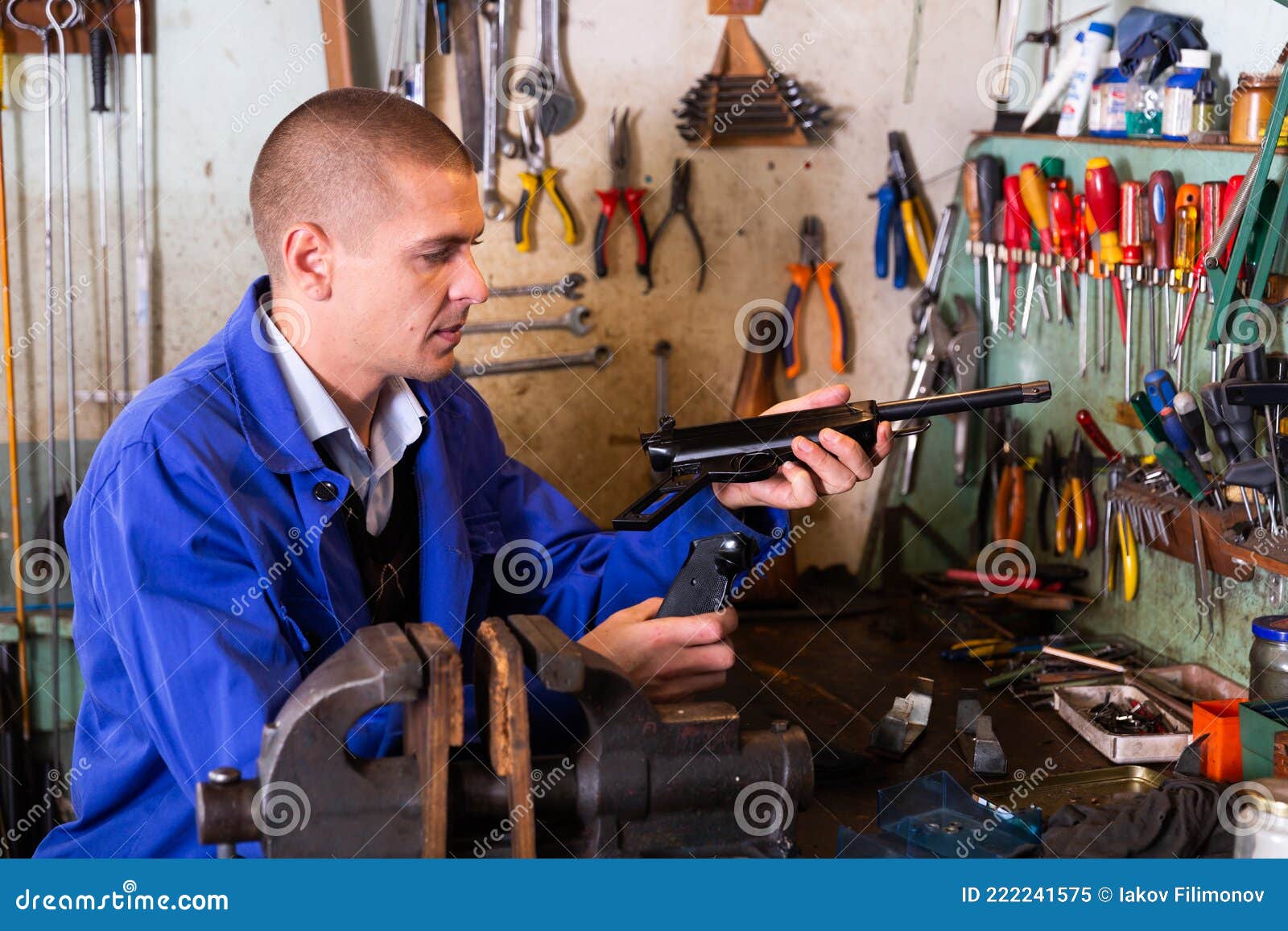 Gunsmith Assembling Smallbore Sporting Pistol in Workshop Stock Image ...