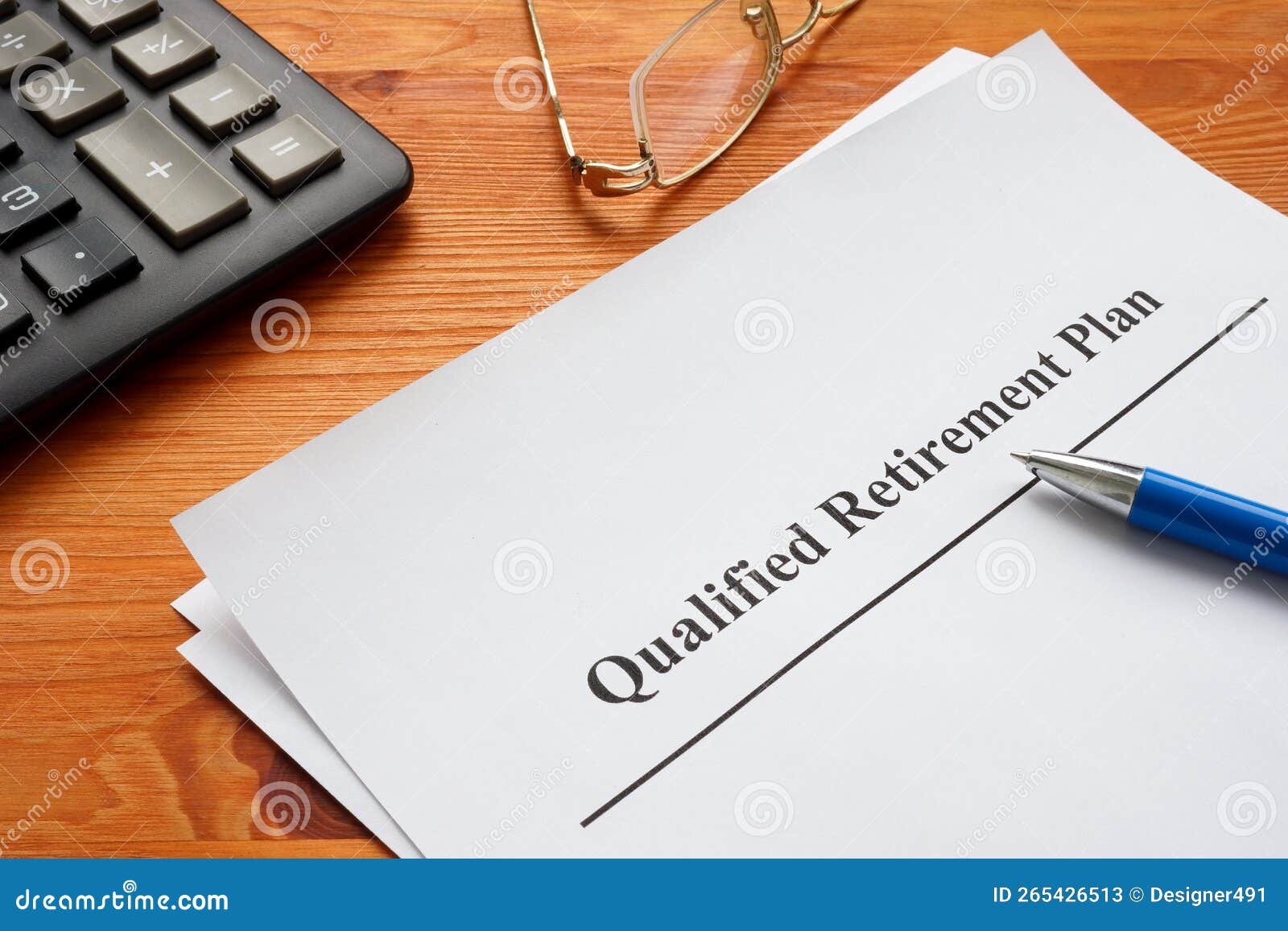 Qualified Retirement Plan, a Calculator and Glasses. Stock Image ...
