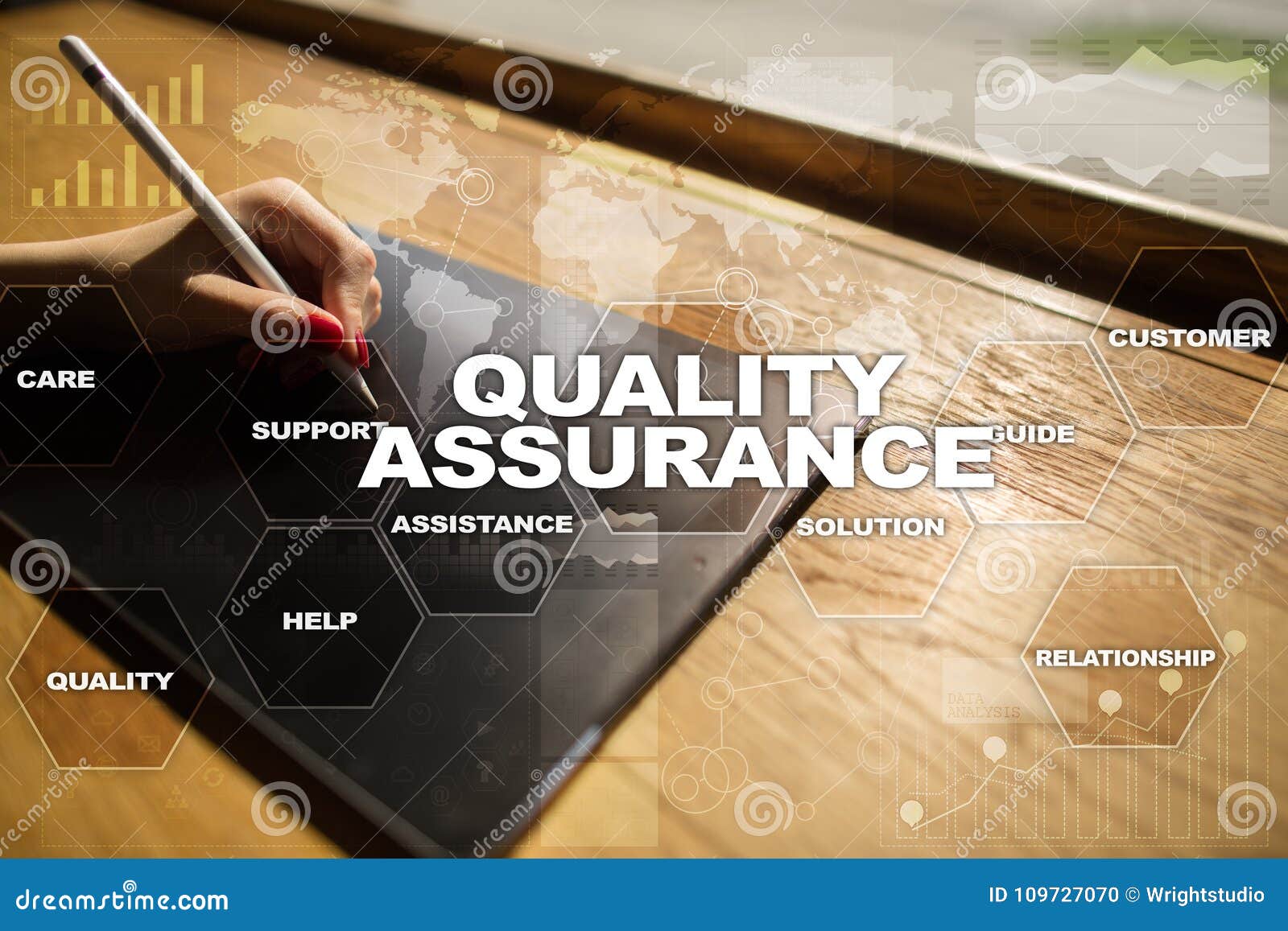 Quality Assurance Concept on the Virtual Screen. Business Concept ...