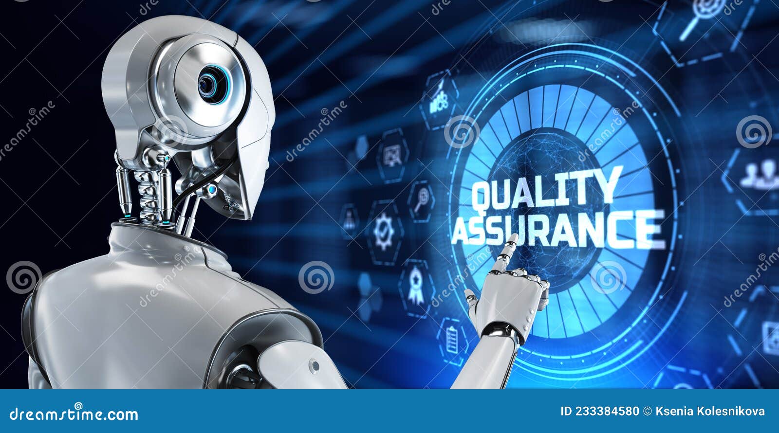 Quality Assurance Control Standard Concept. Robot Pressing Button on ...