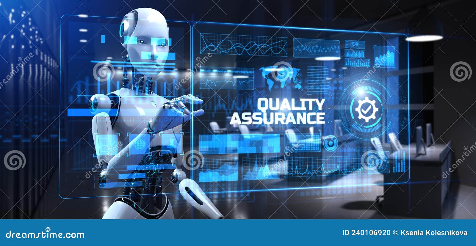 Quality Assurance Control Standard Concept. Robot Pressing Button on ...