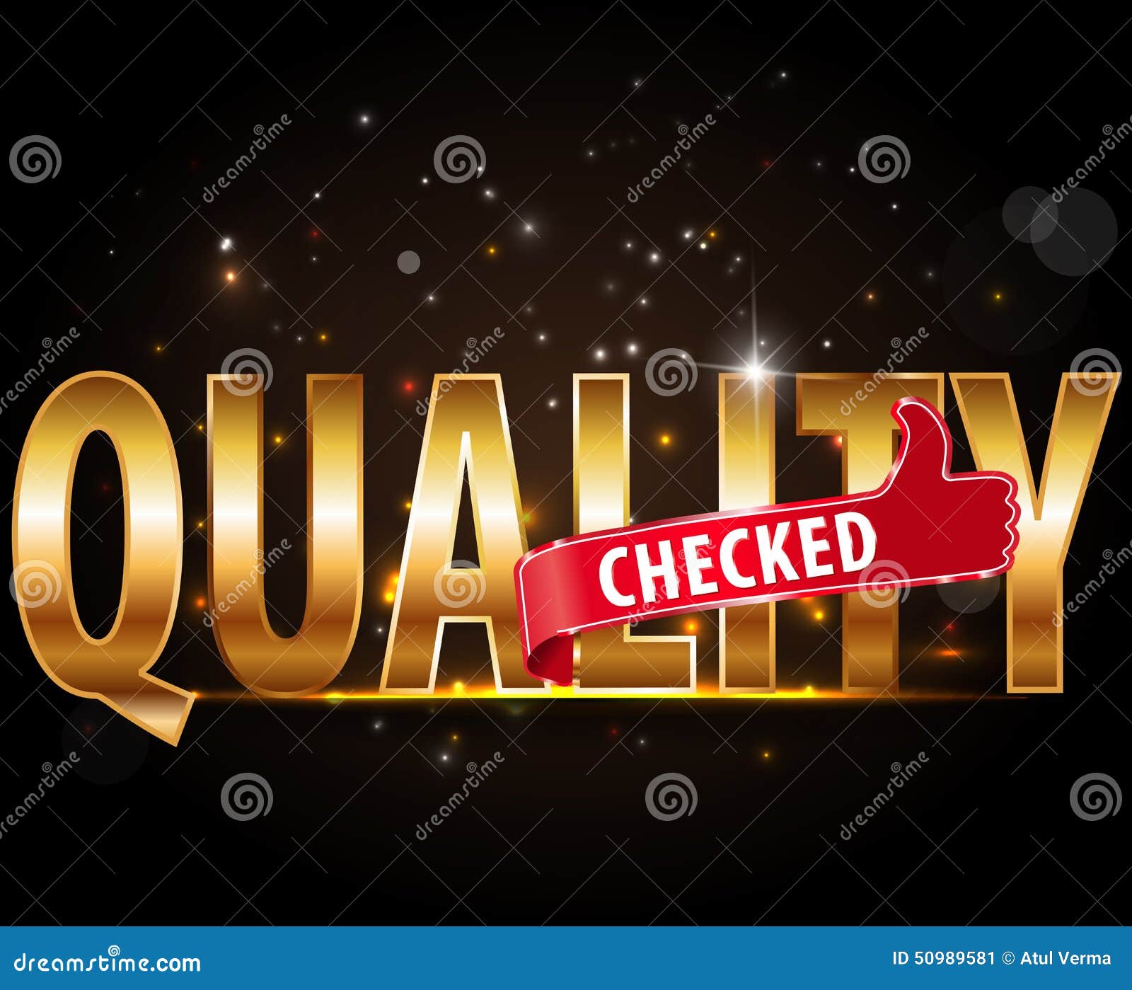 Quality Checked Golden Typography Text with Thumbs Up Sign Stock Vector ...