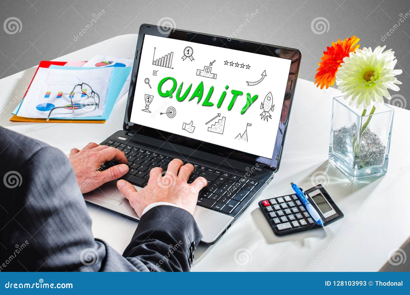 Quality Concept on a Laptop Screen Stock Image - Image of high, desk ...