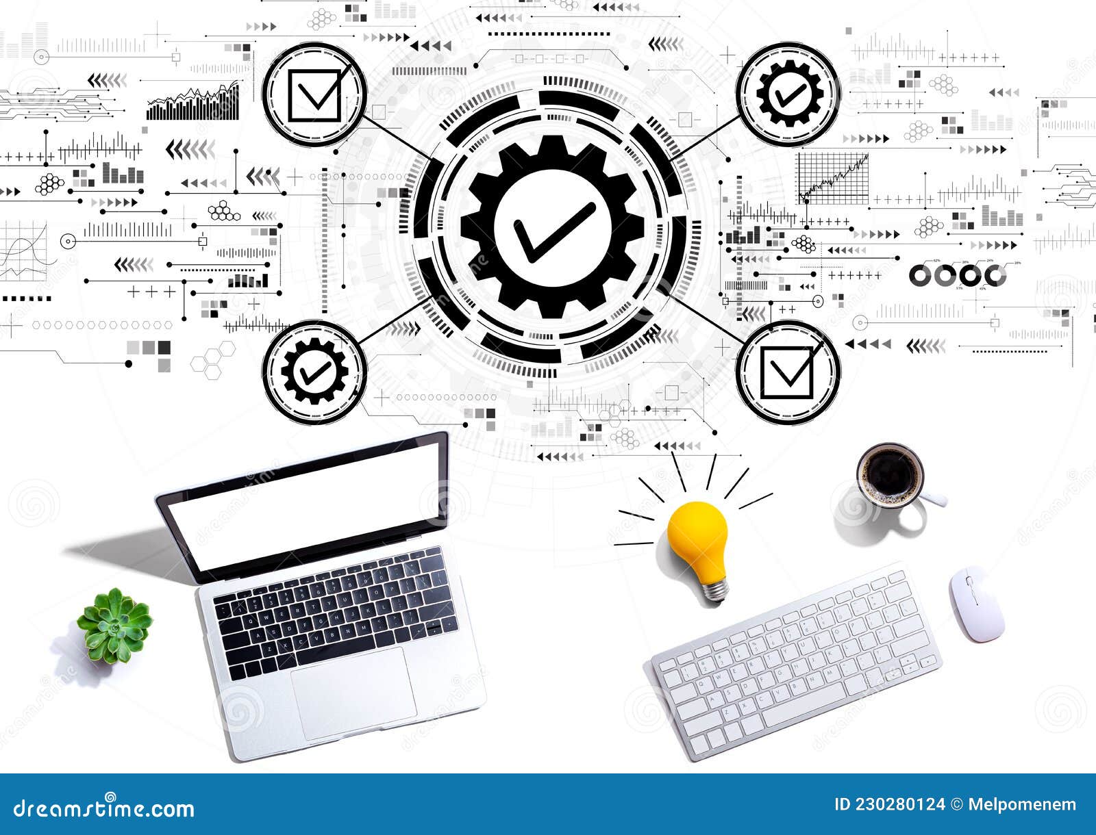 Quality Control Approval with Computers with a Light Bulb Stock Photo ...