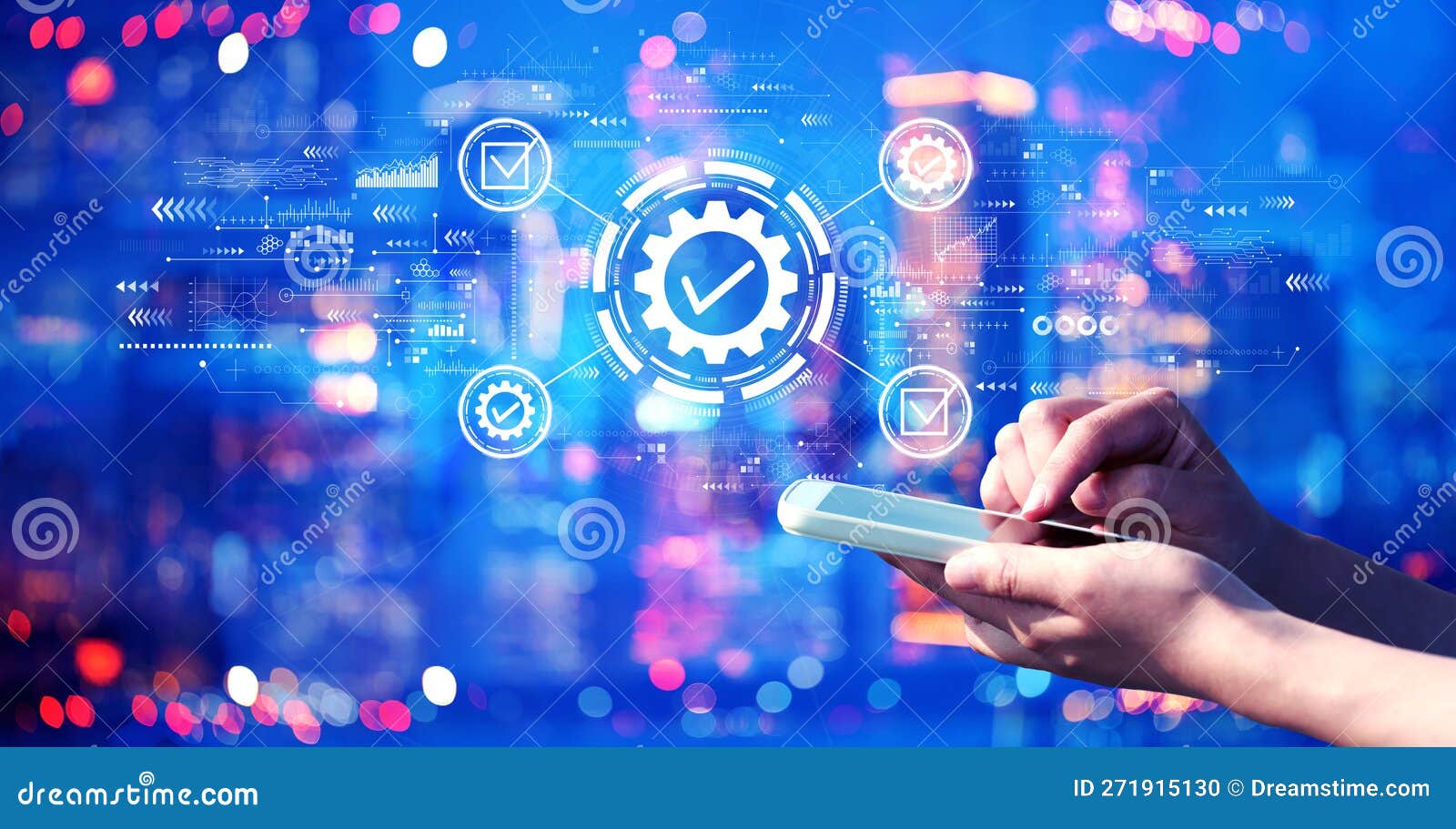 Quality Control Approval with Person Using a Smartphone at Night Stock ...