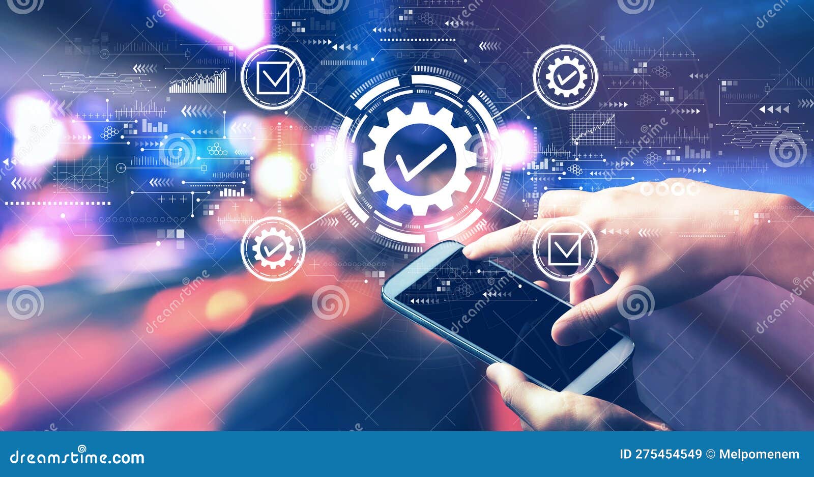 Quality Control Approval with Person Using a Smartphone at Night Stock ...