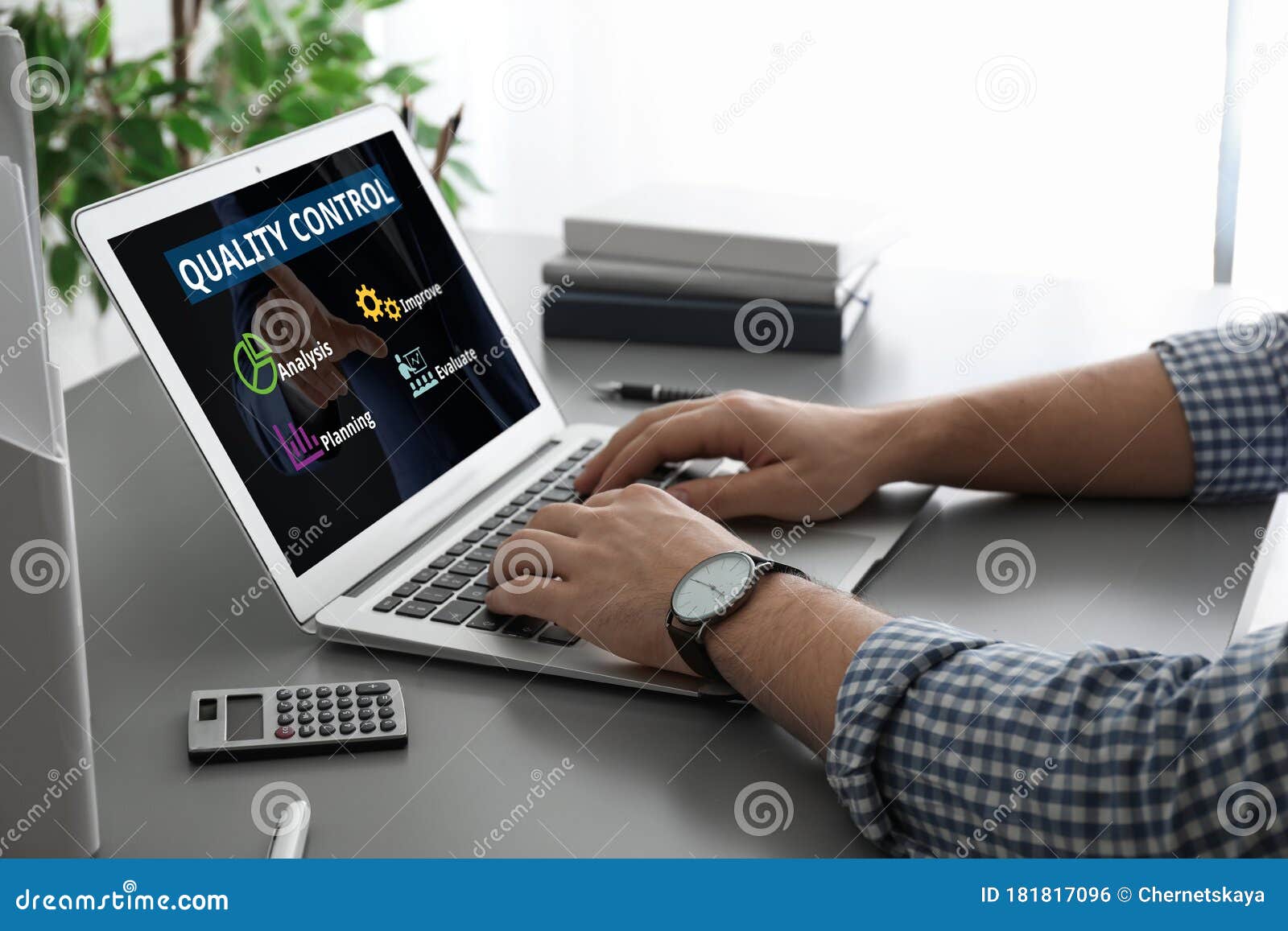 Quality Control Service. Man Using Modern Laptop Stock Photo - Image of ...