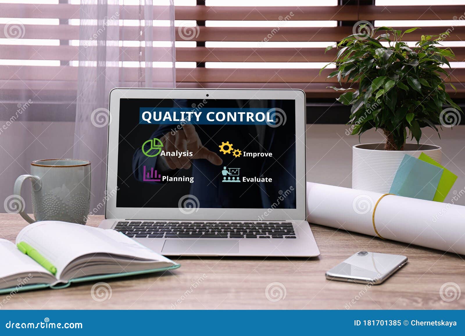 Quality Control Service. Modern Laptop on Table Stock Image - Image of ...