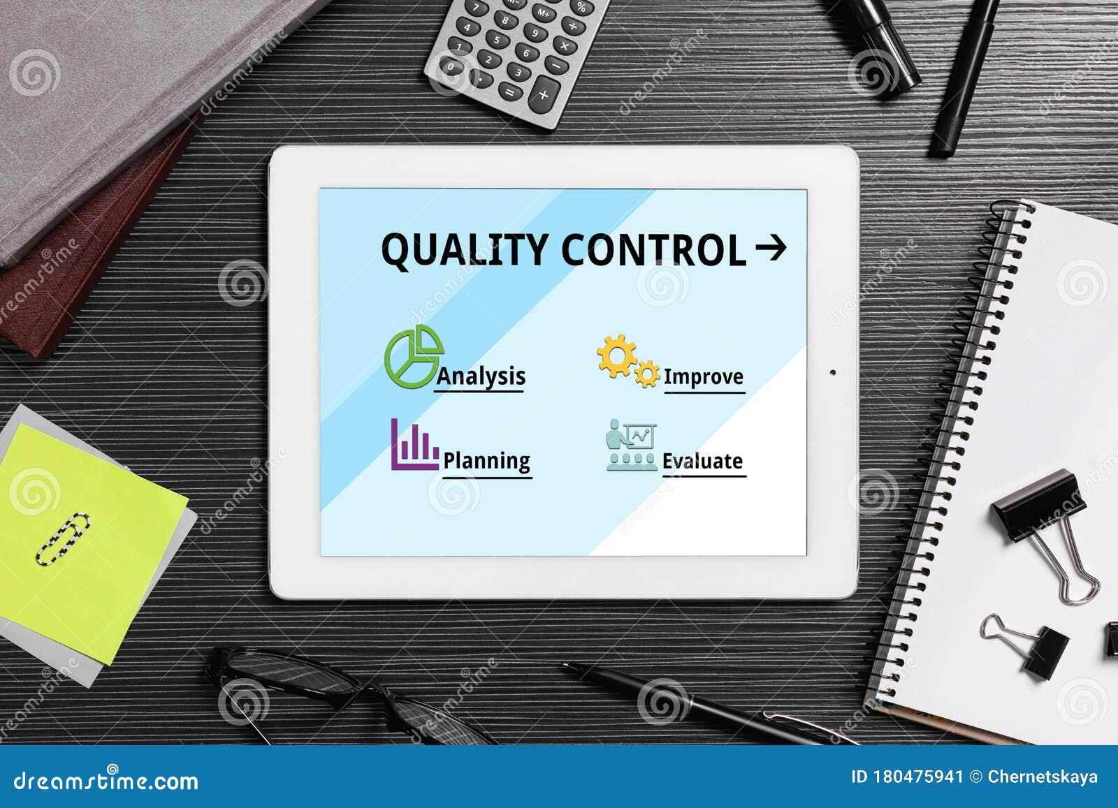 Quality Control Service. Modern Tablet on Desk Stock Image - Image of ...